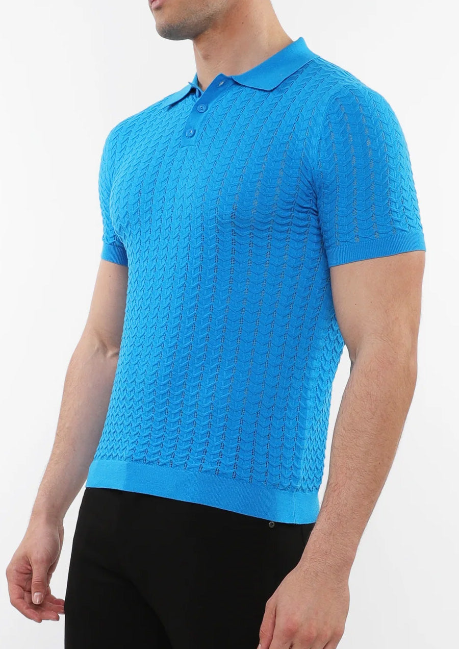 Chevron Textured Knitted Polo (Azure) – Brick & Mortar